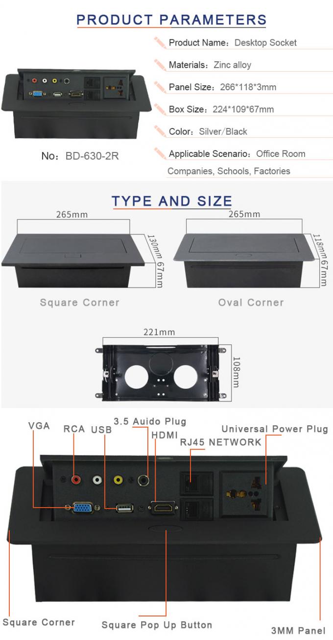 Black Color Pop Up Socket , Square Corner Power Data Connector