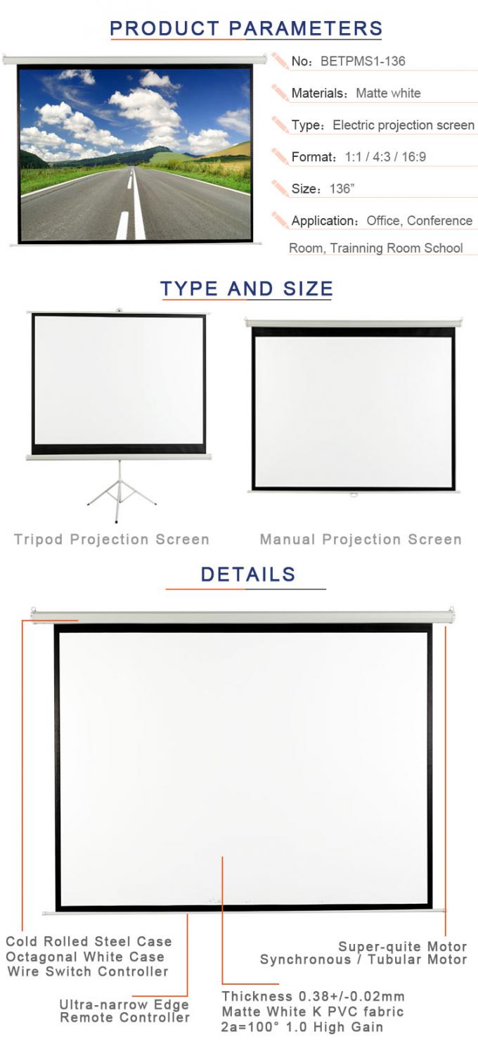 Ceiling / Wall Mounted Motorized Projector Screen 136 Inch With Remote ...