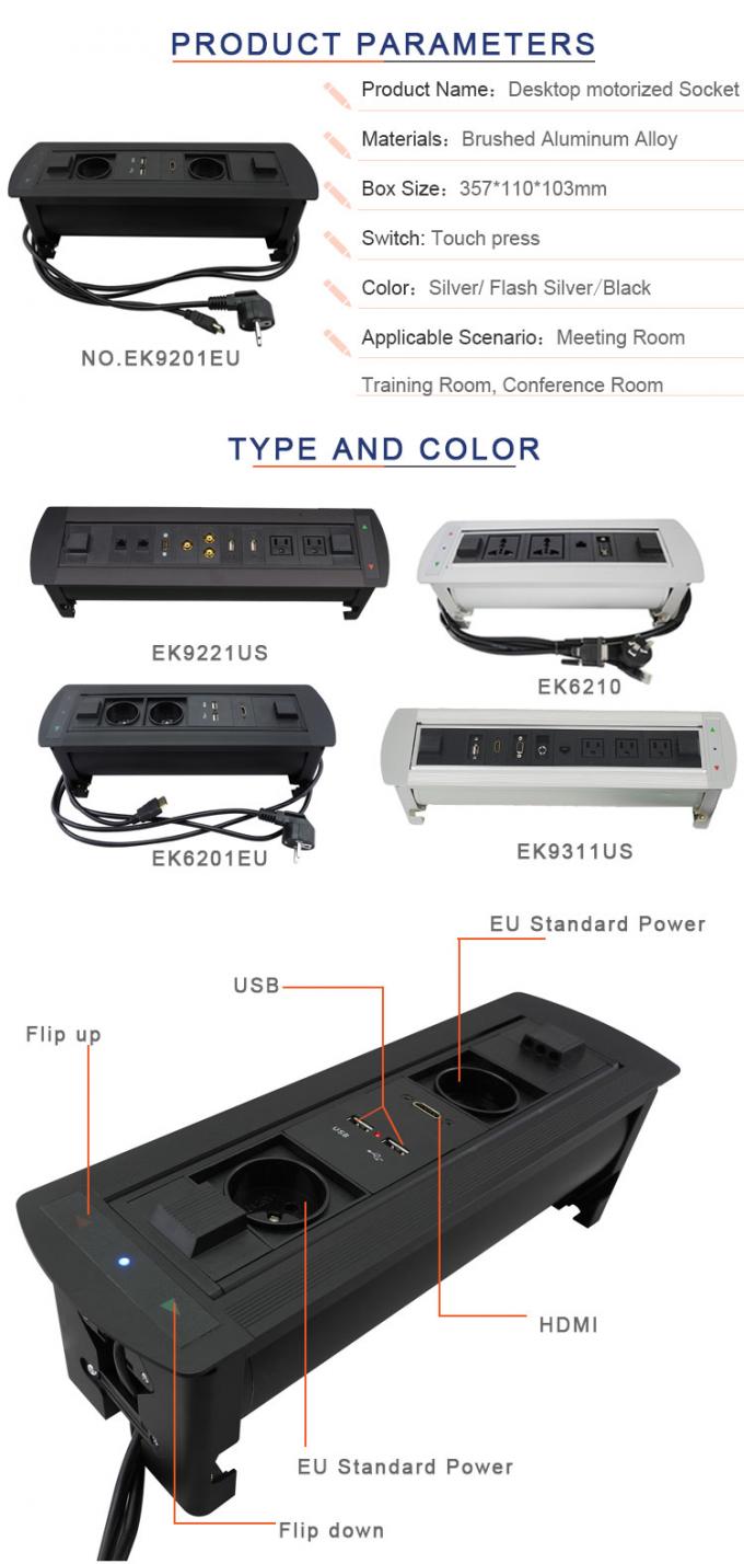Hidden Tabletop Motorized Flip Up Power Outlet 180 Degree Panel Size