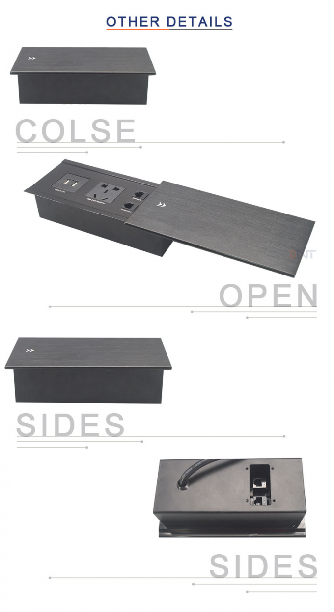 Brushed Aluminum Box FR Power Sliding Cover Tabletop Power Data Outlets