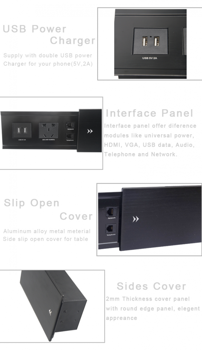 Brushed Aluminum Box FR Power Sliding Cover Tabletop Power Data Outlets