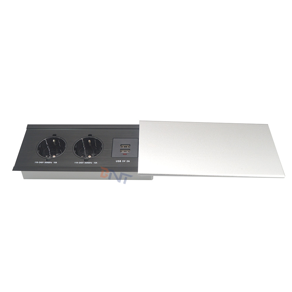 EU Power Slide Open Hidden Into Desk Mount Socket Box With USB Charger