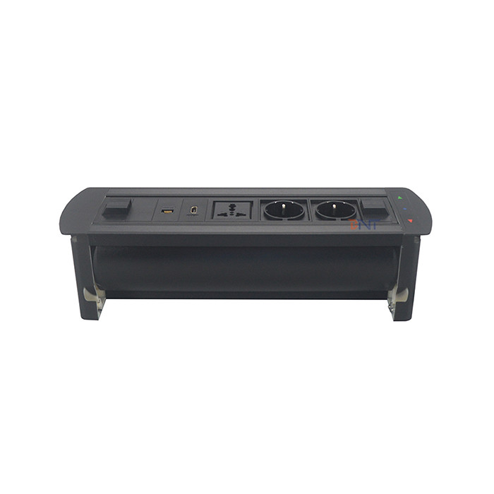 Black Aluminum Motorized Rotating Flip Up Hidden Desk Power Socket